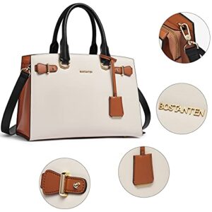 BOSTANTEN Women Leather Handbag Designer Satchel Purses Top Handle Shoulder Totes Crossbody Bag Beige with Brown