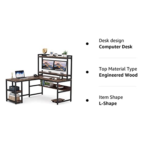 Tribesigns L-Shaped Desk with Hutch and Storage Shelves, 59 Inch Corner Computer Office Desk Gaming Table Workstation with Bookshelf and Monitor Stand for Home Office (Rustic Brown)