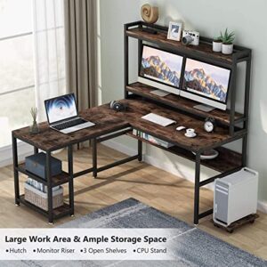 Tribesigns L-Shaped Desk with Hutch and Storage Shelves, 59 Inch Corner Computer Office Desk Gaming Table Workstation with Bookshelf and Monitor Stand for Home Office (Rustic Brown)