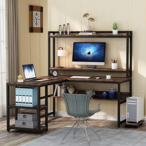 Tribesigns L-Shaped Desk with Hutch and Storage Shelves, 59 Inch Corner Computer Office Desk Gaming Table Workstation with Bookshelf and Monitor Stand for Home Office (Rustic Brown)