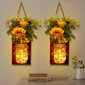 ourwarm sunflower mason jar sconces wall decor set of 2 rustic wall sconces handmade hanging mason jars with led fairy lights for home kitchen living room farmhouse wall decorations lights