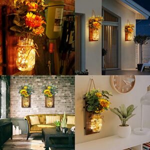 OurWarm Sunflower Mason Jar Sconces Wall Decor Set of 2 Rustic Wall Sconces Handmade Hanging Mason Jars with LED Fairy Lights for Home Kitchen Living Room Farmhouse Wall Decorations Lights