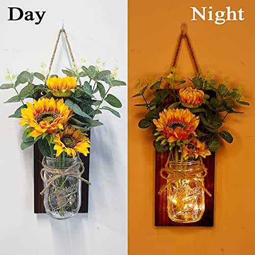 OurWarm Sunflower Mason Jar Sconces Wall Decor Set of 2 Rustic Wall Sconces Handmade Hanging Mason Jars with LED Fairy Lights for Home Kitchen Living Room Farmhouse Wall Decorations Lights