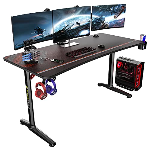 EUREKA ERGONOMIC 60 Inch Gaming Desk with Full Mouse Pad, Large Home Office Curved Computer Desk for 3 Monitors with Cup Holder, Headphone Hook and Handle Rack with USB Charging Ports for Gamer, Black