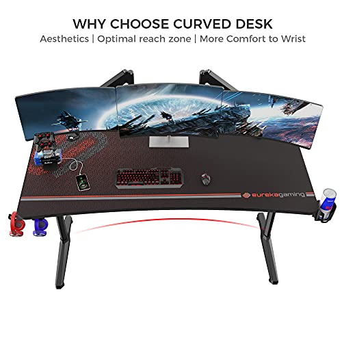 EUREKA ERGONOMIC 60 Inch Gaming Desk with Full Mouse Pad, Large Home Office Curved Computer Desk for 3 Monitors with Cup Holder, Headphone Hook and Handle Rack with USB Charging Ports for Gamer, Black