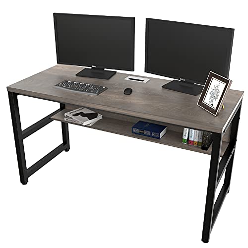 TOPSKY Computer Desk with Bookshelf/Metal Hole Cable Cover 1.18" Thick Desk (55", Espresso Gray)