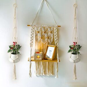 macrame wall hanging shelf， boho room decor handmade, wooden storage floating shelves for small plants and photo frames, for living room, bedroom, bathroom, 3pcs…