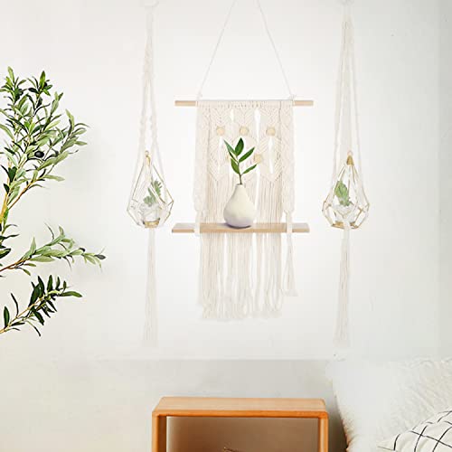 Macrame Wall Hanging Shelf， Boho Room Decor Handmade, Wooden Storage Floating Shelves for Small Plants and Photo Frames, for Living Room, Bedroom, Bathroom, 3Pcs…