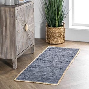 nuloom koda solid leather flatweave runner rug, 2′ x 6′, blue