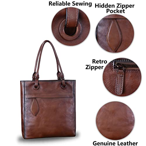 Genuine Leather Handbag Purses for Women Top Handle Bag Lady Work Tote Bags Retro Satchel (Coffee)