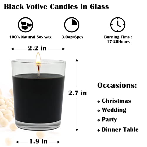 Unscented Black Candles in Glass 3.0oz Soy Wax Votive Candles for Halloween, Dinner Table & Wedding, Set of 6