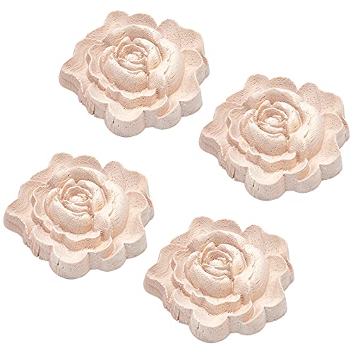 GORGECRAFT 4PCS Wooden Carved Onlay Appliques Rose Wood Carving Decal Molding Corner Craft Unpainted Furniture Applique Frame Flower Valentines Day Home Decoration for Dresser Bed Door Cabinet 3"x3"