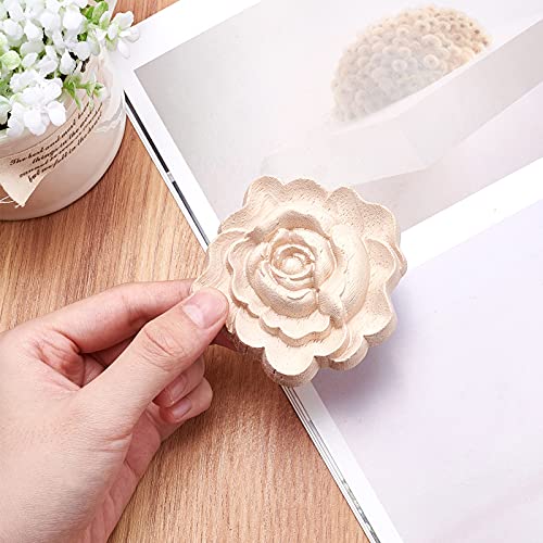 GORGECRAFT 4PCS Wooden Carved Onlay Appliques Rose Wood Carving Decal Molding Corner Craft Unpainted Furniture Applique Frame Flower Valentines Day Home Decoration for Dresser Bed Door Cabinet 3"x3"