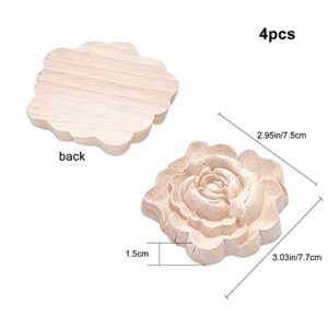 GORGECRAFT 4PCS Wooden Carved Onlay Appliques Rose Wood Carving Decal Molding Corner Craft Unpainted Furniture Applique Frame Flower Valentines Day Home Decoration for Dresser Bed Door Cabinet 3"x3"