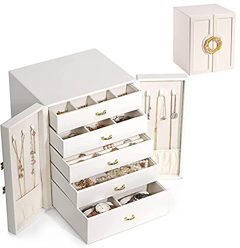 LEFOR·Z Jewelry Box Jewelry Organizer for Women Girls,5-Layer Jewelry Display Storage Case for Earring Necklace Bracelets Rings Watches Jewelry Holder (White)