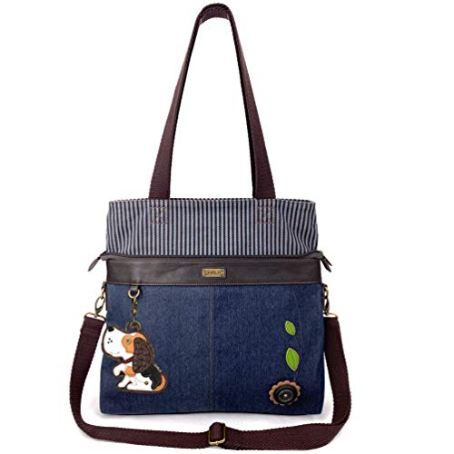 Chala Stripe Canvas Convertible Tote Shoulder Handbag with Leather Playful Animal Keyfob -823