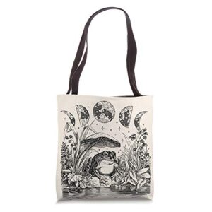 cute cottagecore aesthetic frog mushroom moon witchy vintage tote bag