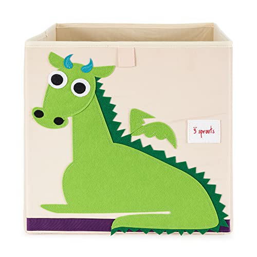 3 Sprouts Kids Childrens 13 Inch Square Felt Green Dragon Foldable Storage Cube Bin with Blue Snake and Yellow Rhino Fabric Storage Cube Bins