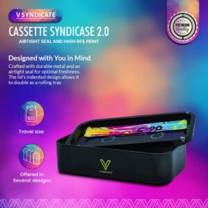 V Syndicate 5" x 2.8" x 1.5" Mini Metal Storage Box with Rolling Tray Lid - Airtight Rolling Tray Lid to Avoid Moisture and Smell - Flex Your Style with 360 Print of Original Interactive Artwork on All Sides (Syndicase 2.0, Cassette)