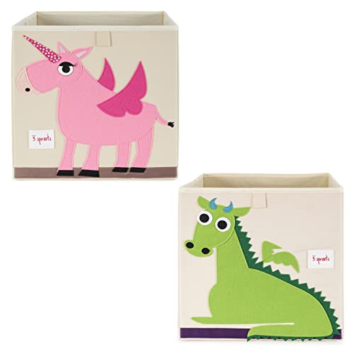 3 Sprouts Kids Childrens 13 Inch Square Felt Green Dragon Foldable Storage Cube Bin with Pink Unicorn Fabric Storage Cube Bin