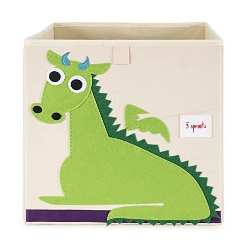 3 Sprouts Kids Childrens 13 Inch Square Felt Green Dragon Foldable Storage Cube Bin with Pink Unicorn Fabric Storage Cube Bin