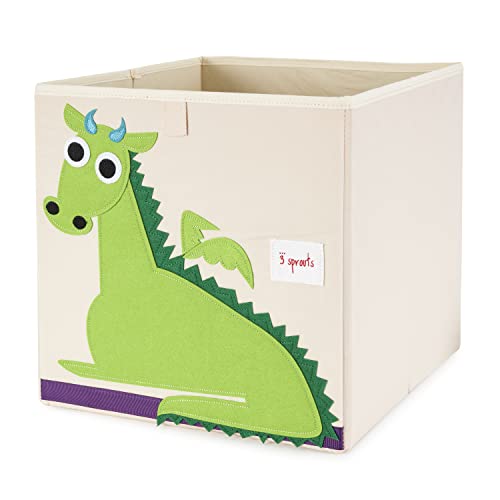 3 Sprouts Kids Childrens 13 Inch Square Felt Green Dragon Foldable Storage Cube Bin with Pink Unicorn Fabric Storage Cube Bin