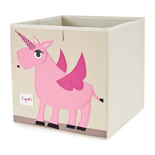 3 Sprouts Kids Childrens 13 Inch Square Felt Green Dragon Foldable Storage Cube Bin with Pink Unicorn Fabric Storage Cube Bin