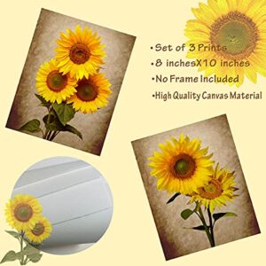 Barri Design Sunflower Decor Wall Art Prints Set of 3(8" x 10" Sunflowers Canvas Wall Art Sunflower Wall Pictures for Bedroom Kitchen Living Room Wall Decorations (Unframed)