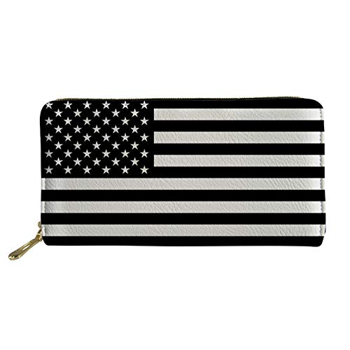 WELLFLYHOM Black American Flag Leather Wallet Ladies Clutch Purse Zip Around Credit Card Passport Cash Organizer for Women Young Men