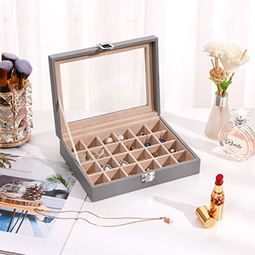 BEWISHOME Earring Jewelry Box 24 Slots Earring Holder Organizer for Girls Women Gifts Jewelry Box for Earrings Display Storage Case with Clear Glass Top Grey SSH17H