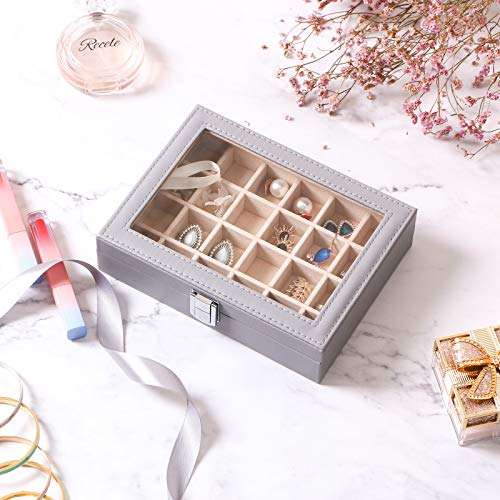 BEWISHOME Earring Jewelry Box 24 Slots Earring Holder Organizer for Girls Women Gifts Jewelry Box for Earrings Display Storage Case with Clear Glass Top Grey SSH17H