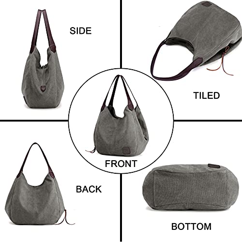 PHABULS Canvas Tote Bag For Women With Zipper, Mulit-Pocket Cotton Hobo Handbag Fashion Shoulder Purse-grey