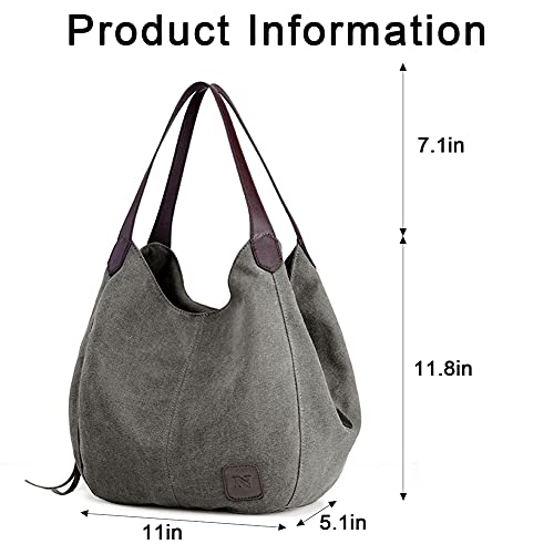 PHABULS Canvas Tote Bag For Women With Zipper, Mulit-Pocket Cotton Hobo Handbag Fashion Shoulder Purse-grey