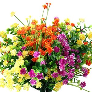 12 bundles artificial flowers outdoor, uv resistant faux artificial plants shrubs plastic flower bulk for hanging planter porch window home wedding spring summer decor(yellow, orange, fuchsia)