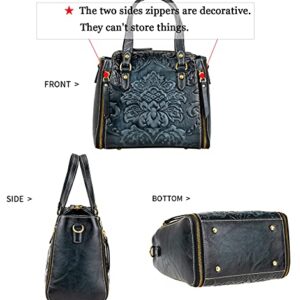 Crossbody Bag for Women Leather Top Handle Tote Purses Vintage Satchels Handbag (Flower Pattern- Blue)