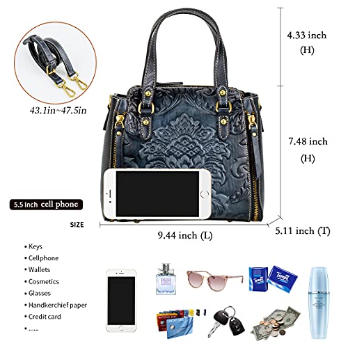 Crossbody Bag for Women Leather Top Handle Tote Purses Vintage Satchels Handbag (Flower Pattern- Blue)