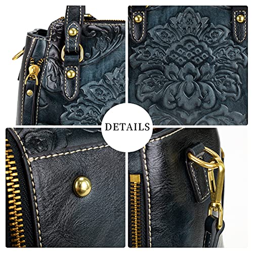 Crossbody Bag for Women Leather Top Handle Tote Purses Vintage Satchels Handbag (Flower Pattern- Blue)