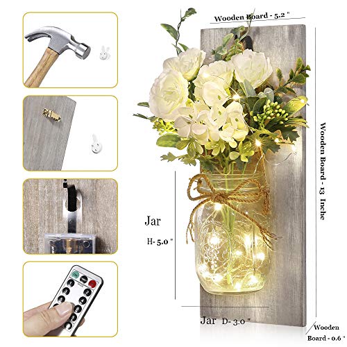 Wall Decor Mason Jar Sconces - Home Decor Wall Art Hanging Design with Remote Control LED Fairy Lights and White Rose, Farmhouse Wall Decorations for Bedroom Living Room Lights Set of Two