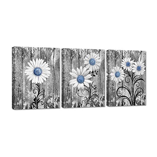 Zlove 3 Pieces Bathroom Picture Wall Decor Rustic Blue Daisy Flowers Giclee Print Gallery Wrap Modern Floral Home Kitchen Decor Ready to Hang 12x16inchx3pcs