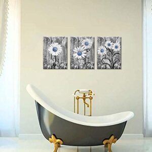 Zlove 3 Pieces Bathroom Picture Wall Decor Rustic Blue Daisy Flowers Giclee Print Gallery Wrap Modern Floral Home Kitchen Decor Ready to Hang 12x16inchx3pcs