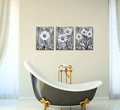 Zlove 3 Pieces Bathroom Picture Wall Decor Rustic Blue Daisy Flowers Giclee Print Gallery Wrap Modern Floral Home Kitchen Decor Ready to Hang 12x16inchx3pcs