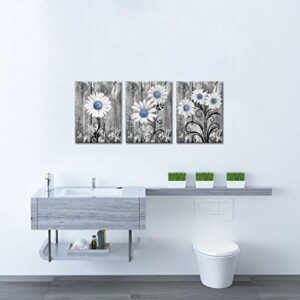 Zlove 3 Pieces Bathroom Picture Wall Decor Rustic Blue Daisy Flowers Giclee Print Gallery Wrap Modern Floral Home Kitchen Decor Ready to Hang 12x16inchx3pcs