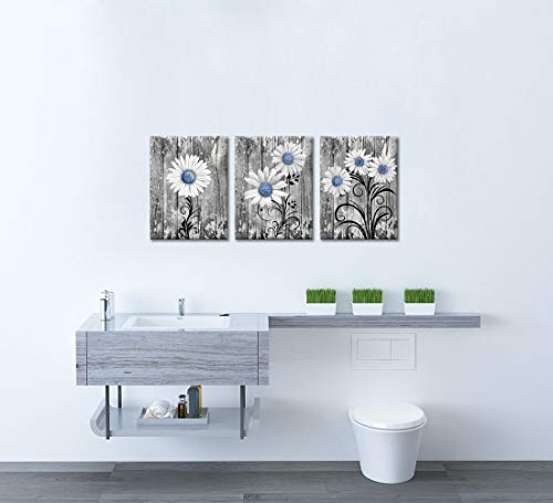 Zlove 3 Pieces Bathroom Picture Wall Decor Rustic Blue Daisy Flowers Giclee Print Gallery Wrap Modern Floral Home Kitchen Decor Ready to Hang 12x16inchx3pcs