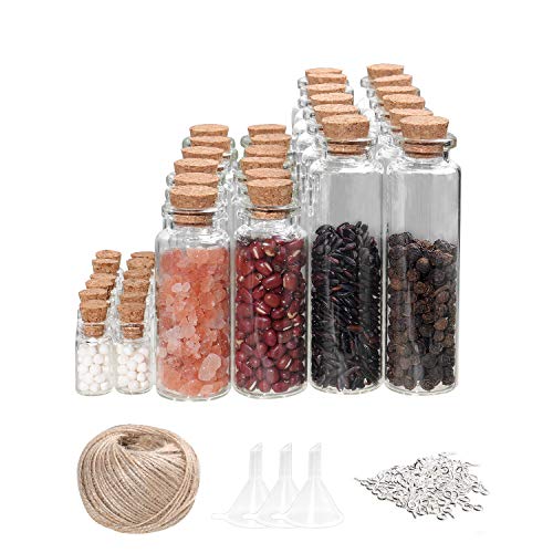 VOFUWS 80PCS Mini Glass Bottles with Corks 50pcs 1.5ml and 12pcs 14ml and 18pcs 25ml(120pcs Eye Screws,30 Meters Twine and 3pcs Funnel)