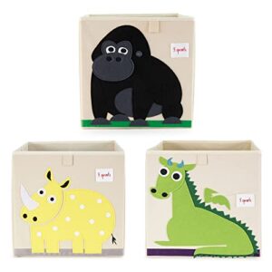 3 sprouts kids children foldable 13 inch square felt storage cube toy bin with green dragon, black gorilla, and yellow rhino cube toy bins