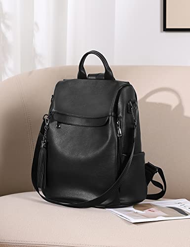 Telena Backpack Purse for Women, PU Leather Anti Theft Travel Backpack Purse Shoulder Bags with Tassel Pure Black