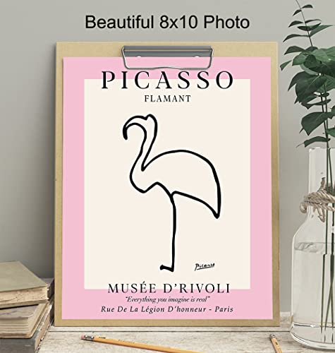 Pablo Picasso Poster 8x10 - Mid-Century Modern Decor - Minimalist Room Decor - Abstract Wall Art - Gallery Wall Art - Pink Flamingo Decor - Line Art Wall Decor - Museum Poster - Tropical Beach House