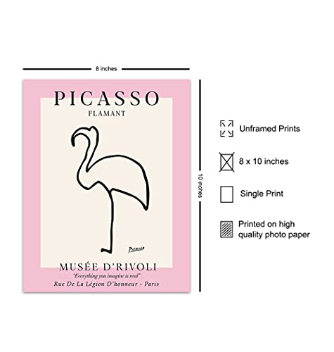 Pablo Picasso Poster 8x10 - Mid-Century Modern Decor - Minimalist Room Decor - Abstract Wall Art - Gallery Wall Art - Pink Flamingo Decor - Line Art Wall Decor - Museum Poster - Tropical Beach House