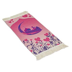 Modefa Turkish Islamic Prayer Rug - Thin Praying Carpet for Boys and Girls - Small Child Size Muslim Prayer Mat for Young Kids - Ramadan or Eid Gift - Fun Digital Print (Masjid Love Pink)