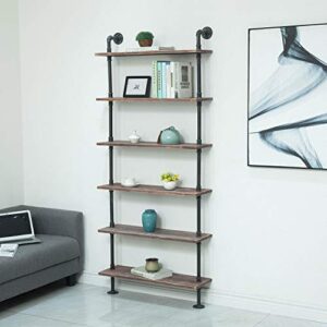 fodue industrial pipe shelving bookshelf rustic modern wood ladder storage shelf 6 tiers retro wall mount pipe design diy shelving(24in)